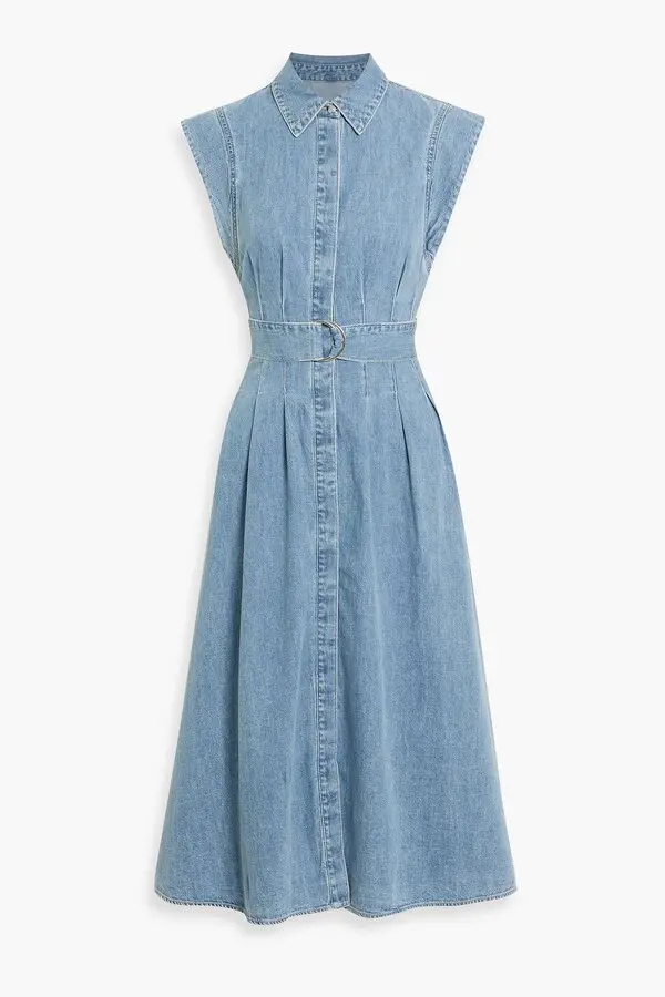Veronica Beard Loreta Pleated Denim Midi Shirt Dress - Light Denim
