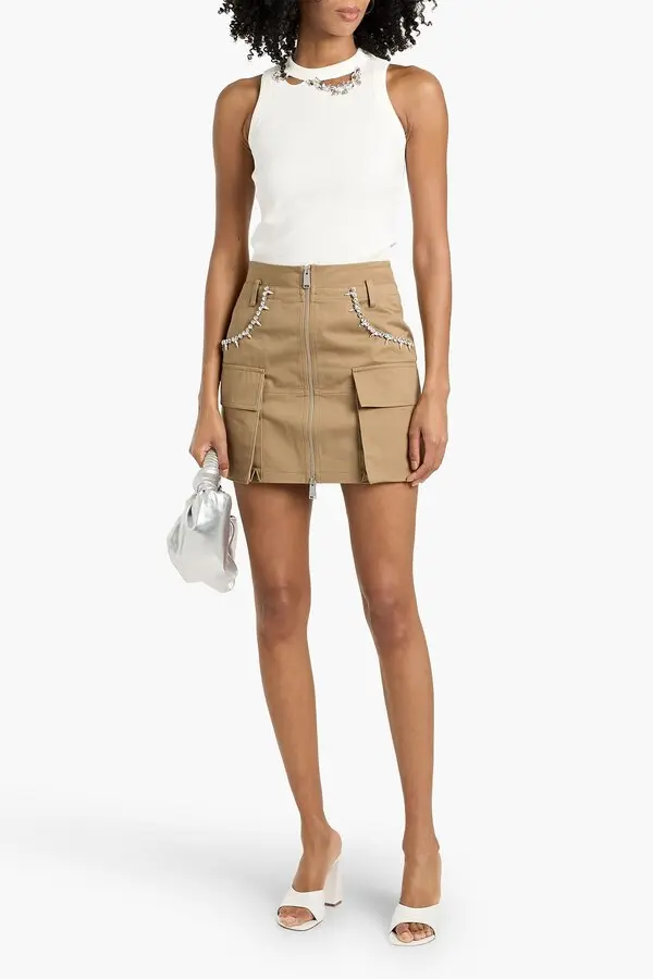 AREA Crystal-embellished Cotton-twill Mini Skirt