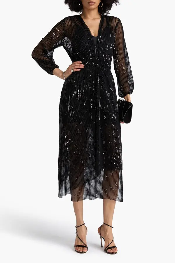 Maje Sequined Plissé Tulle Midi Dress