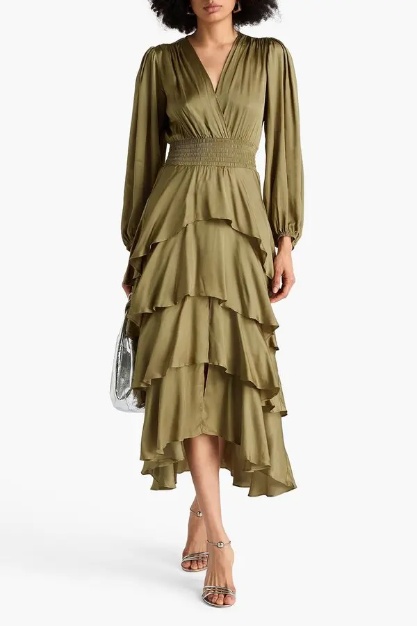 Maje Ruffled Satin Midi Dress