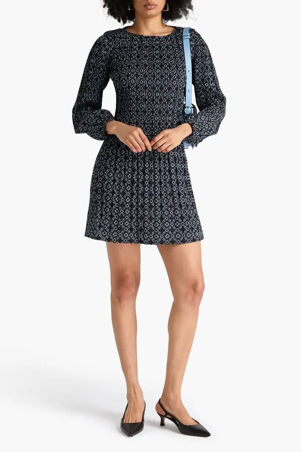 Maje Printed Plissé Satin-twill Mini Dress