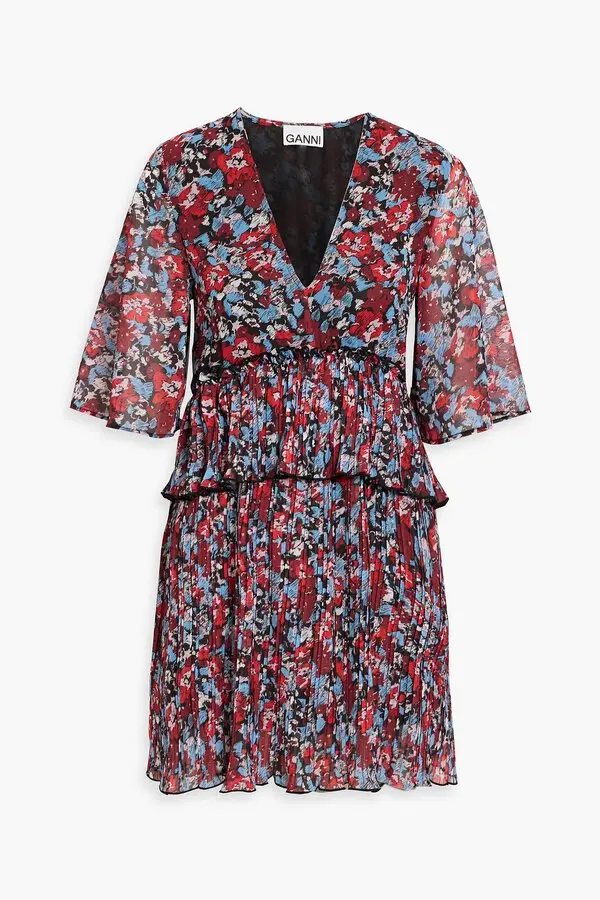 GANNI Pleated Printed Crepe De Chine Mini Dress
