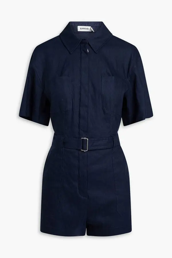 Simkhai Aspen Belted Linen-blend Playsuit - Midnight Blue