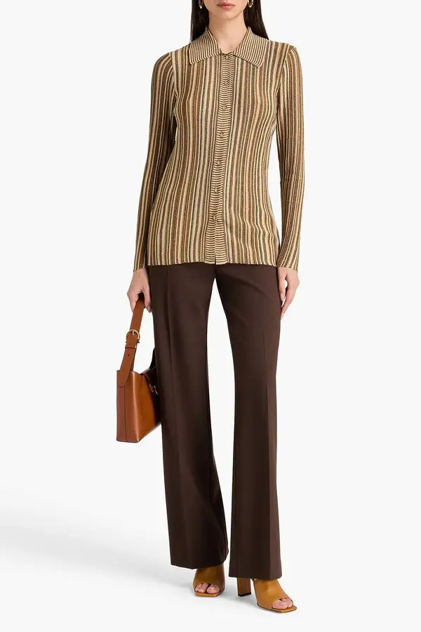 Veronica Beard Landon Metallic Striped Ribbed-knit Cardigan