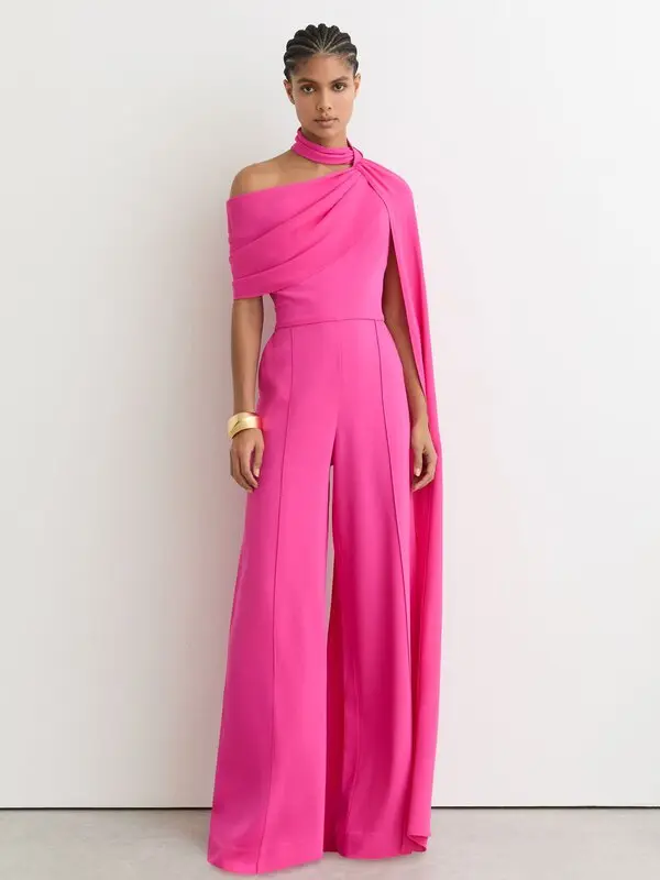 REISS One-shoulder Drape Wide-leg Jumpsuit - Raspberry Pink