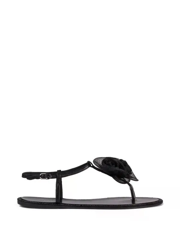 LE SILLA Rose-appliqué Flat Sandals - Black