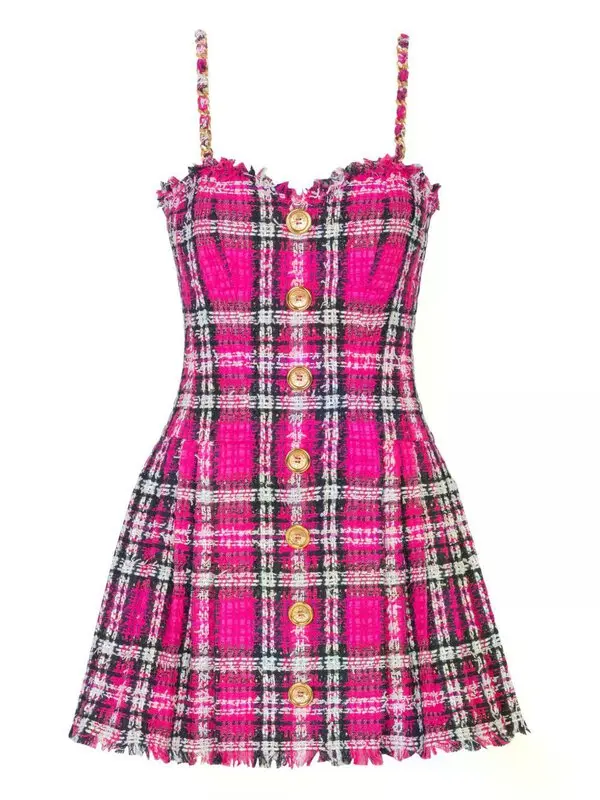Balmain Plaid-check Chain-strap Dress