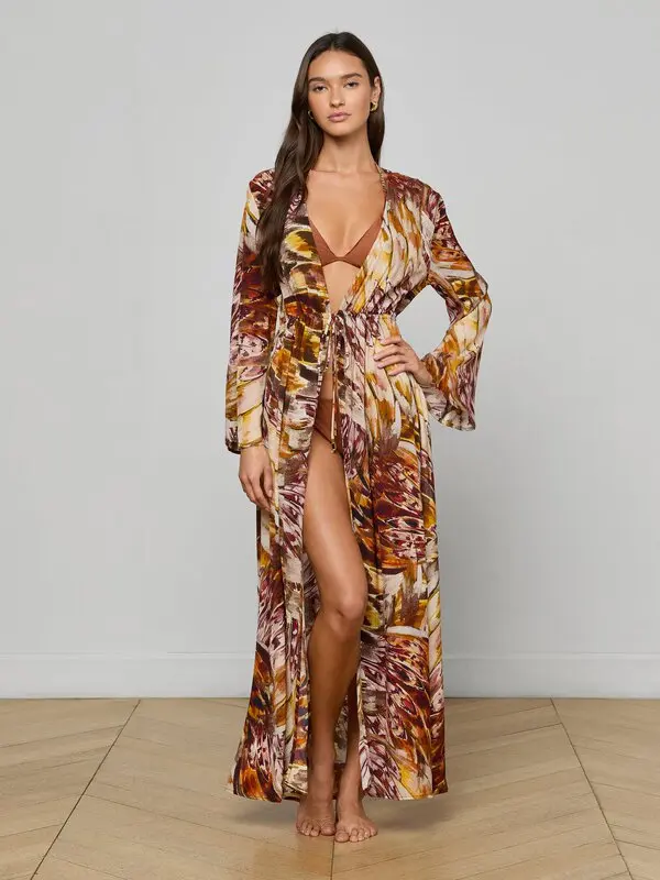 L'Agence Janus Cover-up Robe - Tan Watercolor Feathers