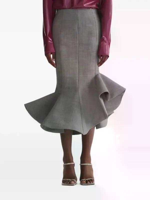 MUGLER Checked Ruffled Skirt - Grey