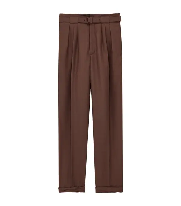 Saint Laurent Wool-mohair Pleated Straight Trousers - Brown