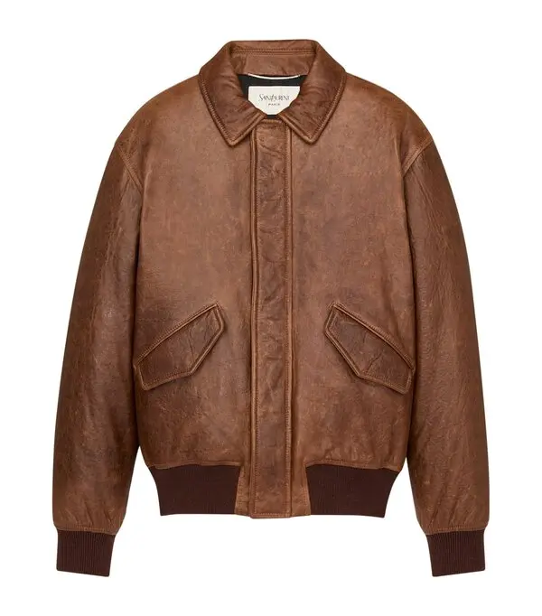 Saint Laurent Leather Bomber Jacket - Beige