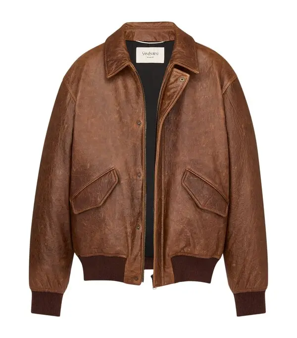 Saint Laurent Leather Bomber Jacket - Beige