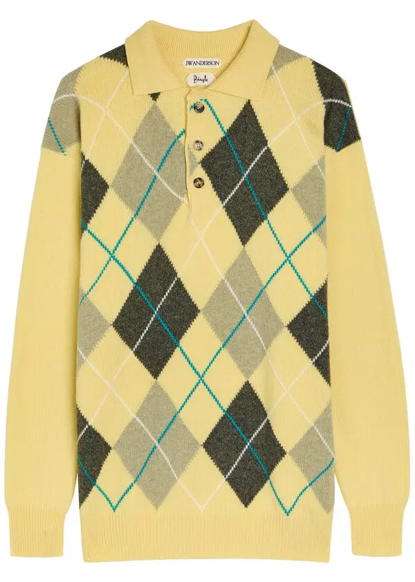 JW Anderson Argyle Wool Polo Jumper - Yellow