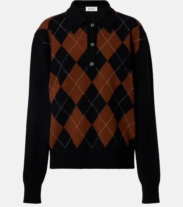 RÓHE Argyle Wool Polo Sweater - Black