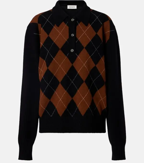 RÓHE Argyle Wool Polo Sweater - Black