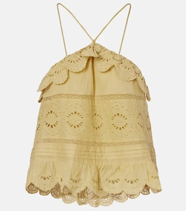 MARANT ETOILE Embroidered Ruffled Halterneck Cotton Top - Yellow