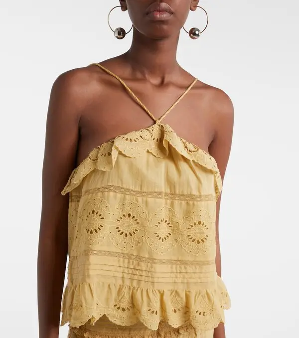 MARANT ETOILE Embroidered Ruffled Halterneck Cotton Top - Yellow