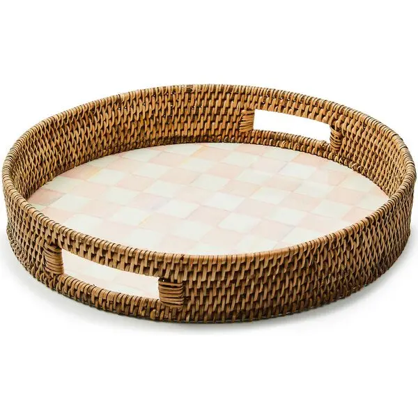 MACKENZIE-CHILDS Check Enameled Steel & Rattan Round Tray - Rosy
