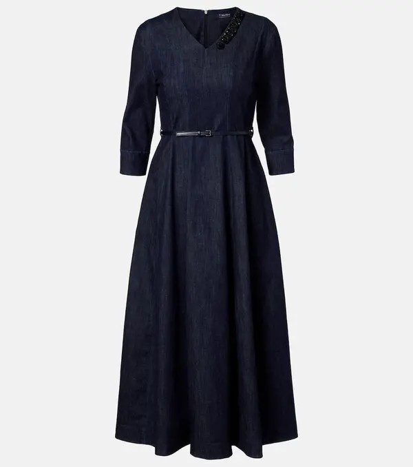 Max Mara Vela Embellished Denim Midi Dress - Blue