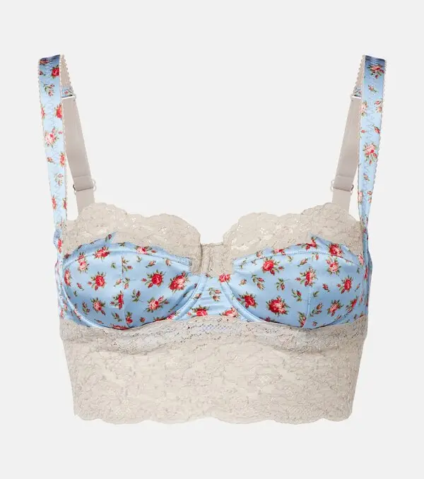 Dolce & Gabbana Floral Lace-trimmed Silk And Cotton Bra - Blue