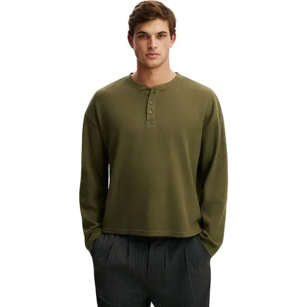 COTTON ON Relaxed Fit Textured Henley Long Sleeve - Khaki Waffle