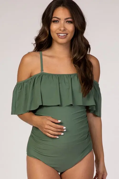 PINKBLUSH Ruffle Trim Ruched One-piece Maternity Swimsuit - Olive Green