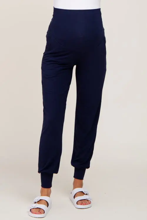 PINKBLUSH Maternity Band Jogger Pants - Navy Blue