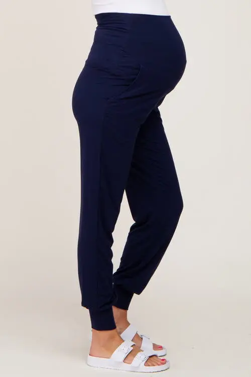 PINKBLUSH Maternity Band Jogger Pants - Navy Blue