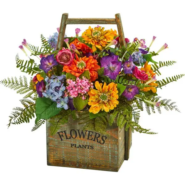 NEARLY NATURAL Mixed Floral Artificial Arrangement In Wood Basket - Multicolor