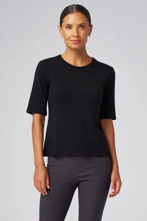 FRANNE GOLDE Structured Knit Elbow Sleeve Tee - Black