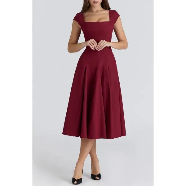 House Of Cb Square Neck Twill Midi Dress - Wine