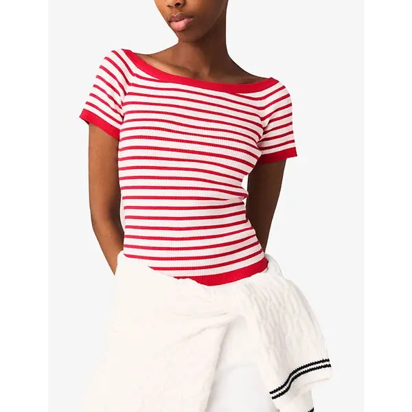 Maje Striped Boat-neck Cotton-blend Top