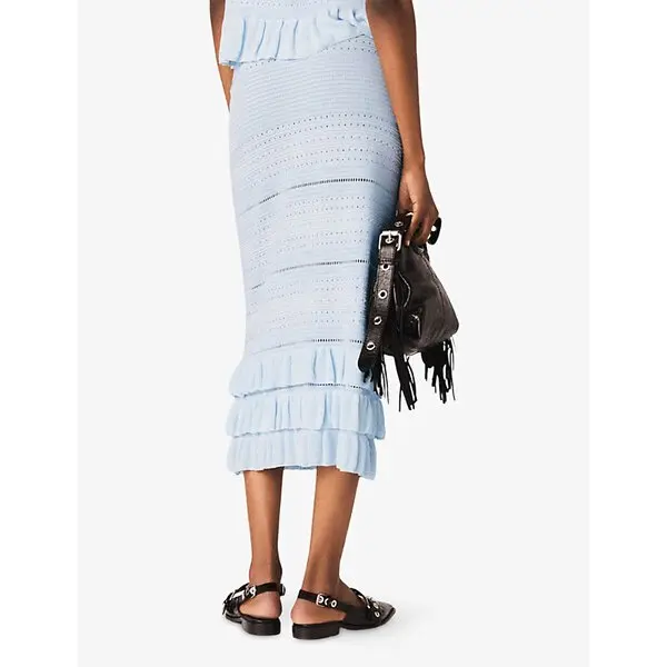 Maje Ruffled-hem Openwork Knitted Midi Skirt
