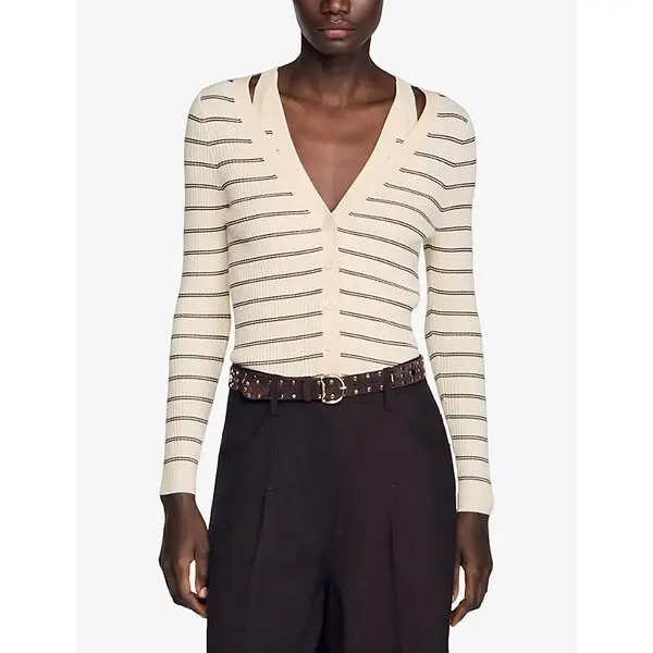 Sandro Striped Ribbed Knitted Cardigan