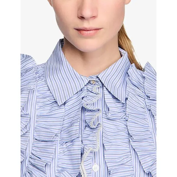 Sandro Ruffled Striped Cotton Shirt