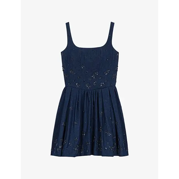Maje Flared Sequin-embroidered Denim Dress