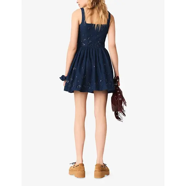 Maje Flared Sequin-embroidered Denim Dress
