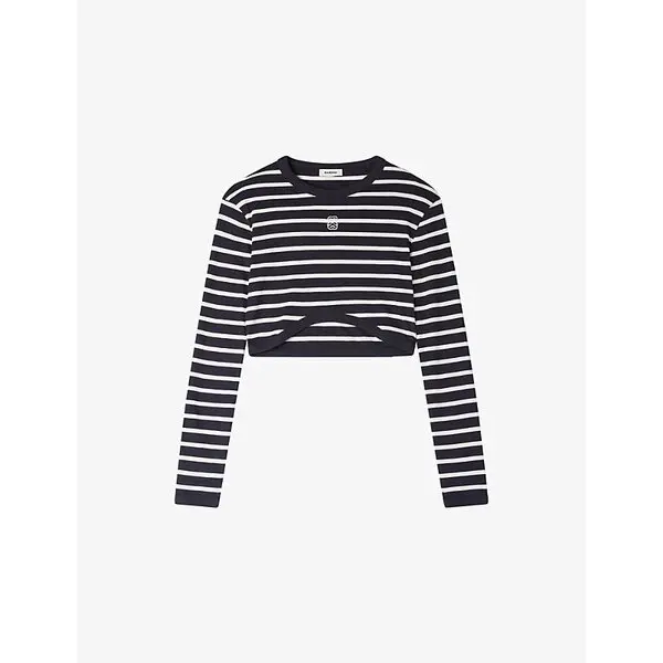 Sandro Striped Cropped Cotton-jersey T-shirt - Marine / Blanc