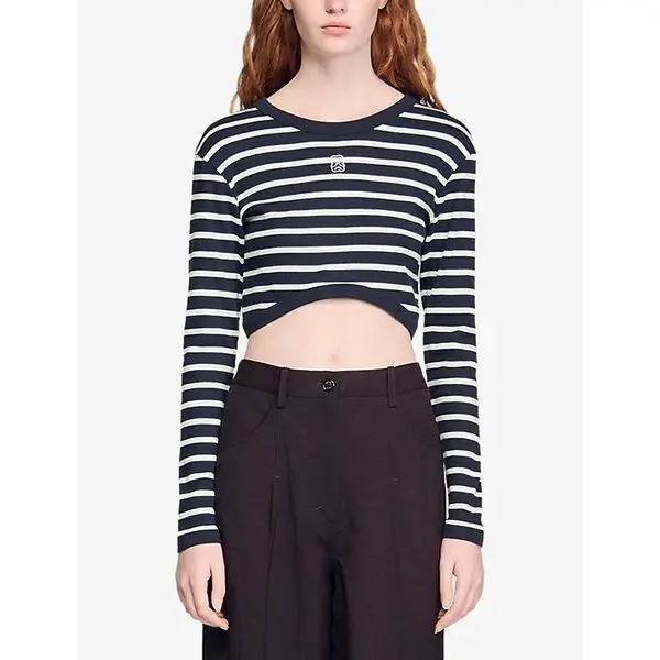 Sandro Striped Cropped Cotton-jersey T-shirt - Marine / Blanc