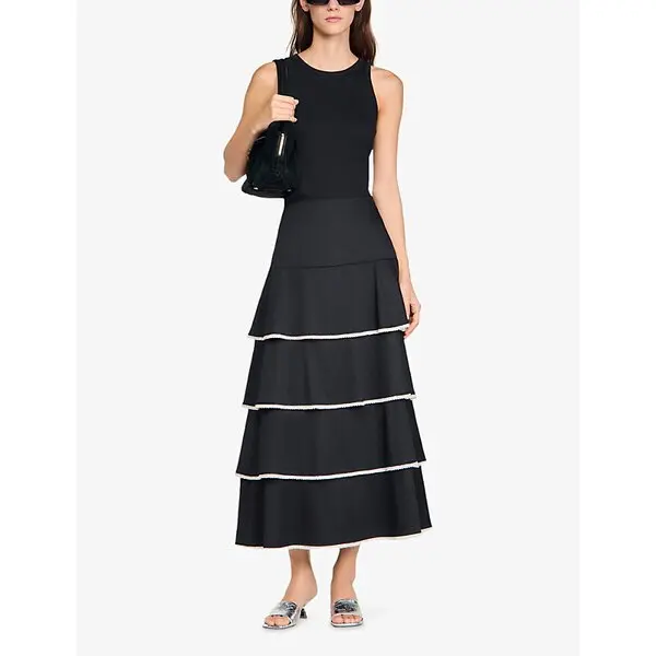 Sandro Ruffled Rhinestone-trimmed Cotton Maxi Skirt