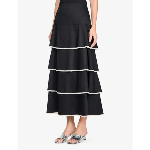 Sandro Ruffled Rhinestone-trimmed Cotton Maxi Skirt