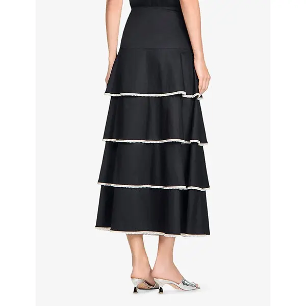 Sandro Ruffled Rhinestone-trimmed Cotton Maxi Skirt