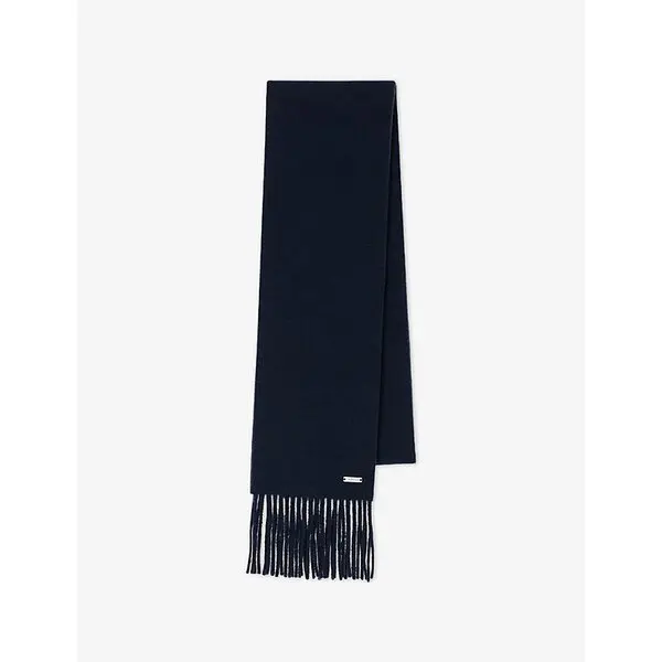 Sandro Logo-plaque Fringed Wool Scarf - Navy Blue