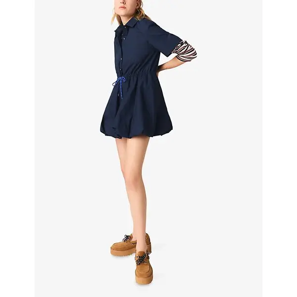 Maje Cotton Mini Dress With Bubble Hem - Navy