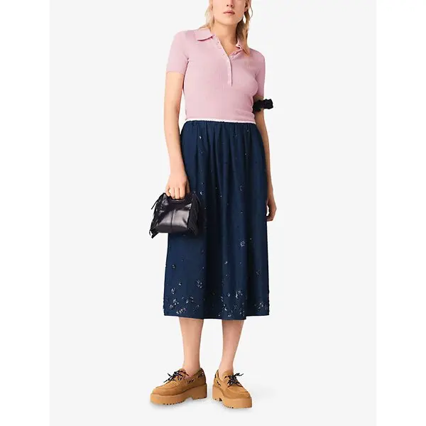 Maje Flared Sequin-embroidered Denim Midi Skirt