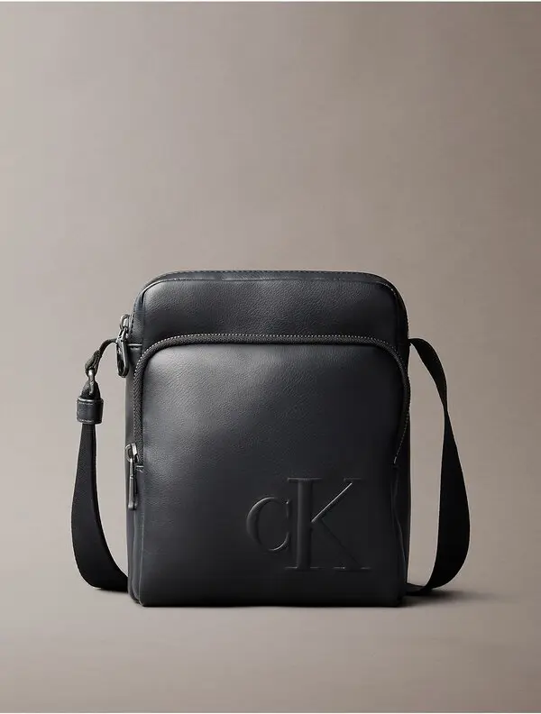 Calvin Klein Embossed Monogram Reporter Bag With Zip Pocket - Black