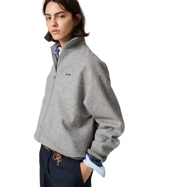 Miu Miu Cashmere And Jersey Zipper Cardigan - Grey