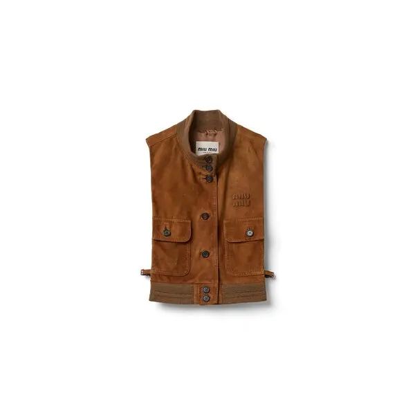 Miu Miu Waxed Suede Leather Vest - Cognac