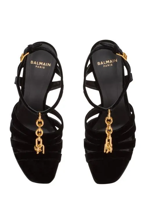 Balmain Velvet Platform Sync Sandals With Chain Detail - Black