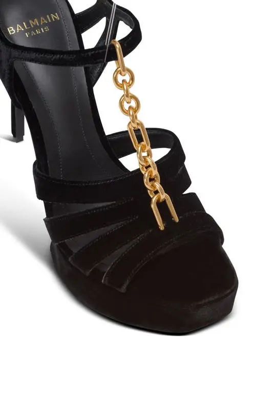 Balmain Velvet Platform Sync Sandals With Chain Detail - Black